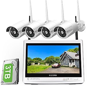 Cromorc Wireless Security Camera System 12.5" Monitor,Home Business Surveillance Expandable 10CH NVR,4pcs 5MP Outdoor Indoor Night Vision 1-Way Audio Camera,Human Detection 3TB HDD