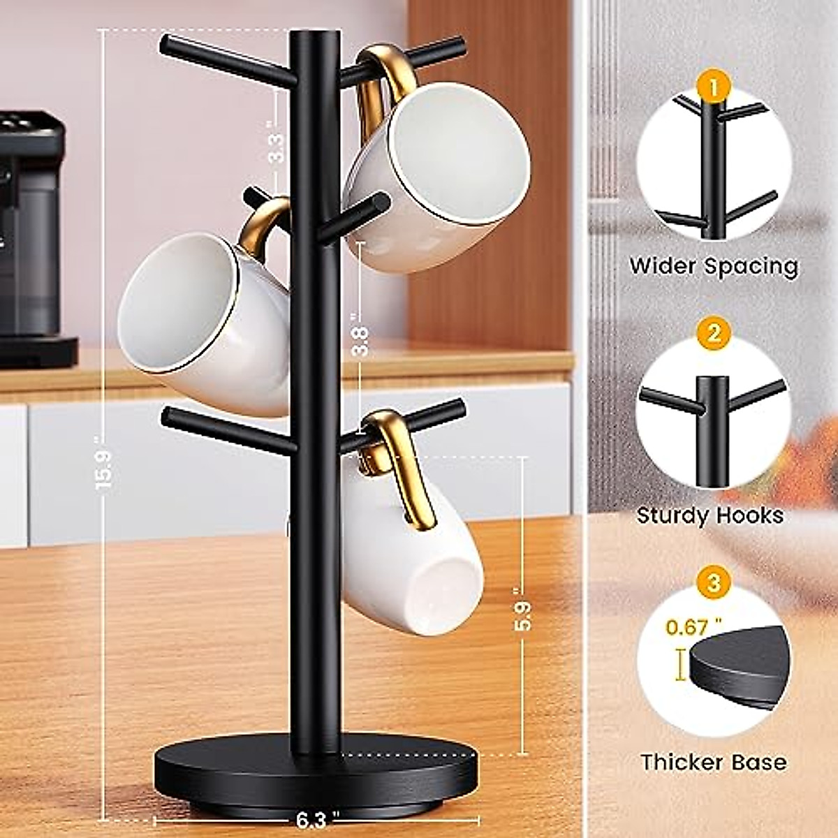 Coffee Mug Holder Tree, Upgraded 360° Rotated Coffee Cup Holder for Counter, Wood Coffee Mug Tree, Coffee Mug Rack with 6 Hooks, Coffee Mug Organizer Station, Mug Stand Coffee Bar Accessories, Black