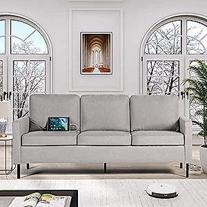 STHOUYN 72" W Sectional Sofa 3 Seat Couch, Mid Century Modern Sofa with 2 USB, Couches Sofas for Living Room Apartment Bedroom, Comfortable Small Couches for Small Spaces (Light Grey (3-Seater))