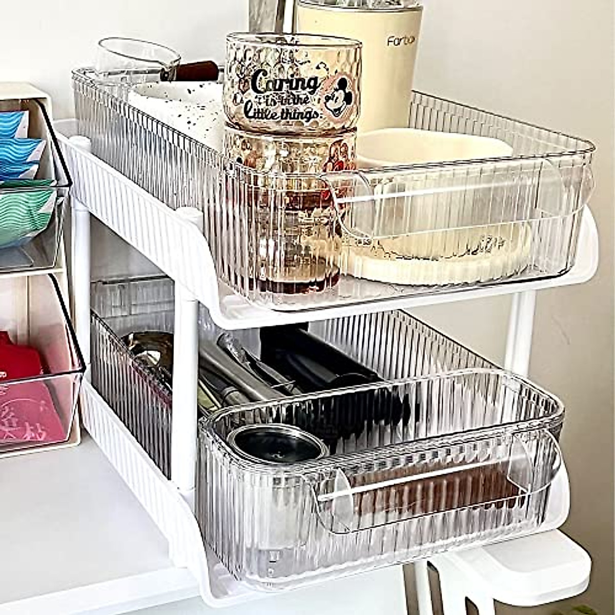 2 Tiers Under Sink Organizers And Storage, Plastic Storage Basket Drawers With Handle, White Multi-Purpose Pull Out Cabinet Organizer Shelf, Counter Organizing Tray For Kitchen, Office, Bathroom