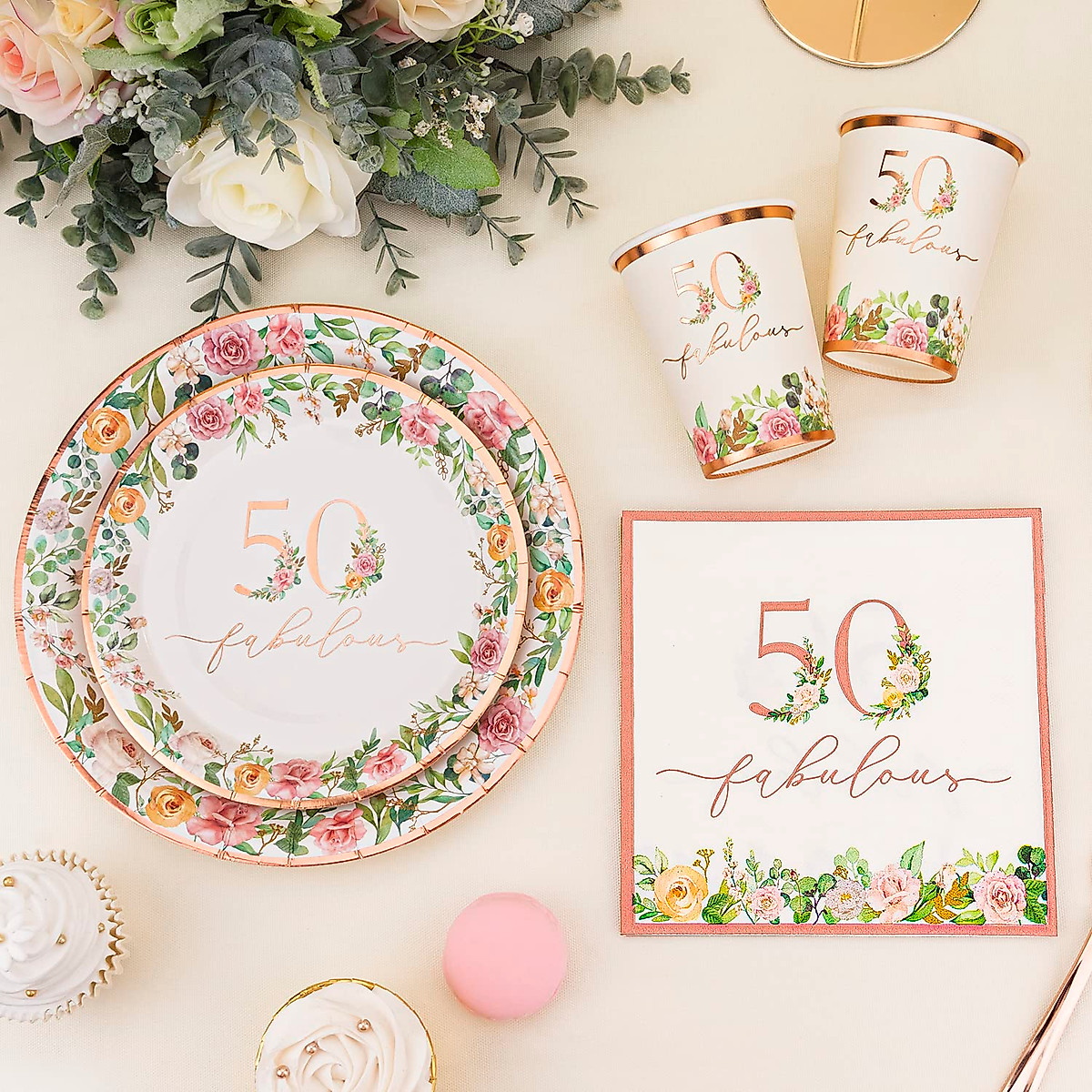 Crisky 50th Birthday Napkins and Plates for Women Rose Gold Floral Party Decoration, 50 and Fabulous Plates and Napkins for Women 50th Birthday.
