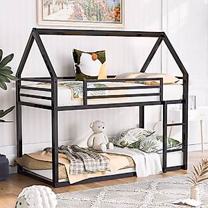LostCat Bunk Bed Twin Over Twin, Twin Size House Floor Bunk Beds w/Safety Guardrail and Ladder, Space Saving Design, No Box Spring Needed, Black