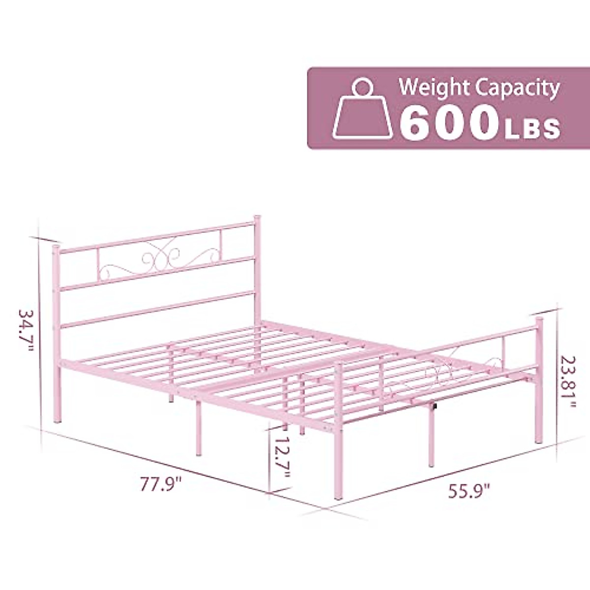 Weehom Full Size Bed Frame with Headboard and Footboard Under Bed Storage Steel Slat Support Metal Bed No Box Spring Needed Easy to Assembly,Pink