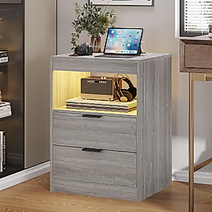 ADORNEVE Nightstand with Wireless Charging Station and LED Lights, Grey Night Stand with 2 Drawers and Open Storage for Bedroom, Bedside Table with Pull-Out Shelf, Modern End Side Table