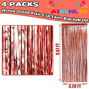 4 Pack 3.2Ft x 9.8Ft Rose Gold Foil Fringe Curtain Backdrop, Metallic Tinsel Foil Fringe Streamers Curtains for Party, Photo Booth Props, Birthday, Wedding, Christmas Party Decoration Supplies