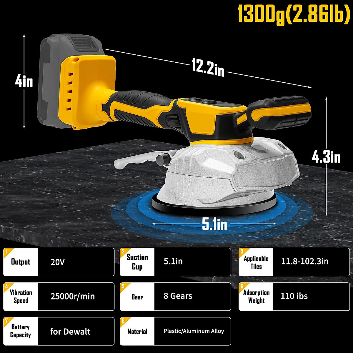 Cordless Tile Vibration Leveling Machine,for Dewalt 20V Max Battery, Portable Tiler Vibrator Tool with 8 Adjustable Speed,Suction Cup,Digital Display for Floor,Tile,Wall (Battery Not Included)