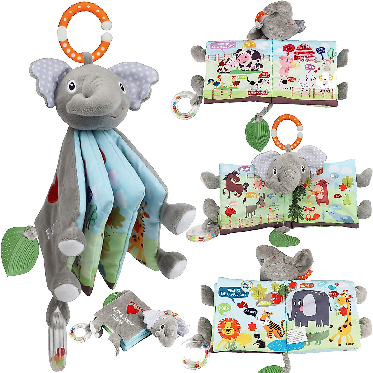 Fish Crinkle Books & Elephant Baby Rattle Toys for Newborn Babies Infants Toddlers 0-6, 6-12 and 12-18 Months, Books for 1-2 Year Old