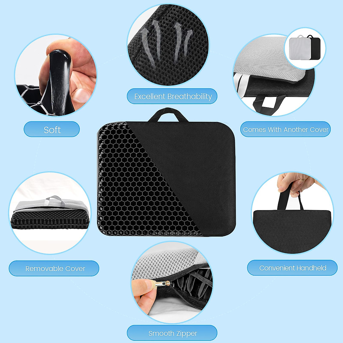 XSIUYU Gel Seat Cushion for Long Sitting - Back, Hip, Tailbone Pain Relief Cushion - Gel Seat Cushion for Office Chair, Cars - Egg Seat Gel Cushion for Wheelchair Pressure Relief Black