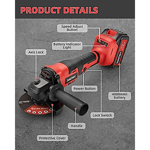 21v Cordless Power Angle Grinder Tool, 9500RPM Brushless 3-Variable-Speed Electric Metal Grinder with 1x4000mAH Battery&Battery Indicator, Cutting Wheels, Flap Disc and Auxiliary Handle for Metal/Wood