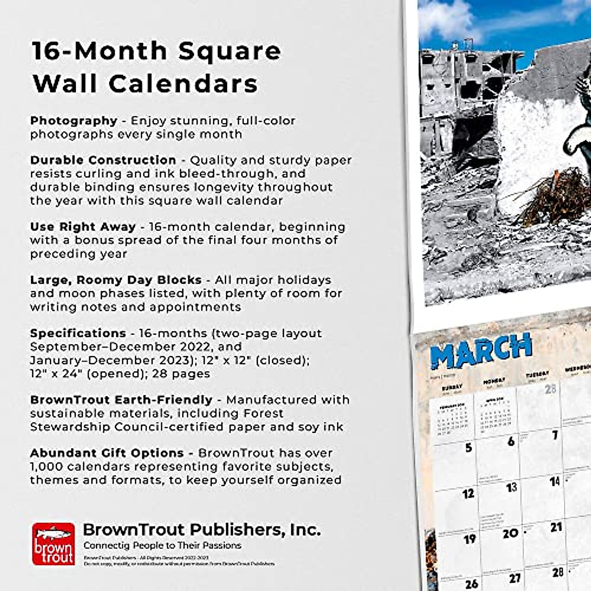 Banksy's Graffiti | 2023 12 x 24 Inch Monthly Square Wall Calendar | BrownTrout | Drawings Street Art Design