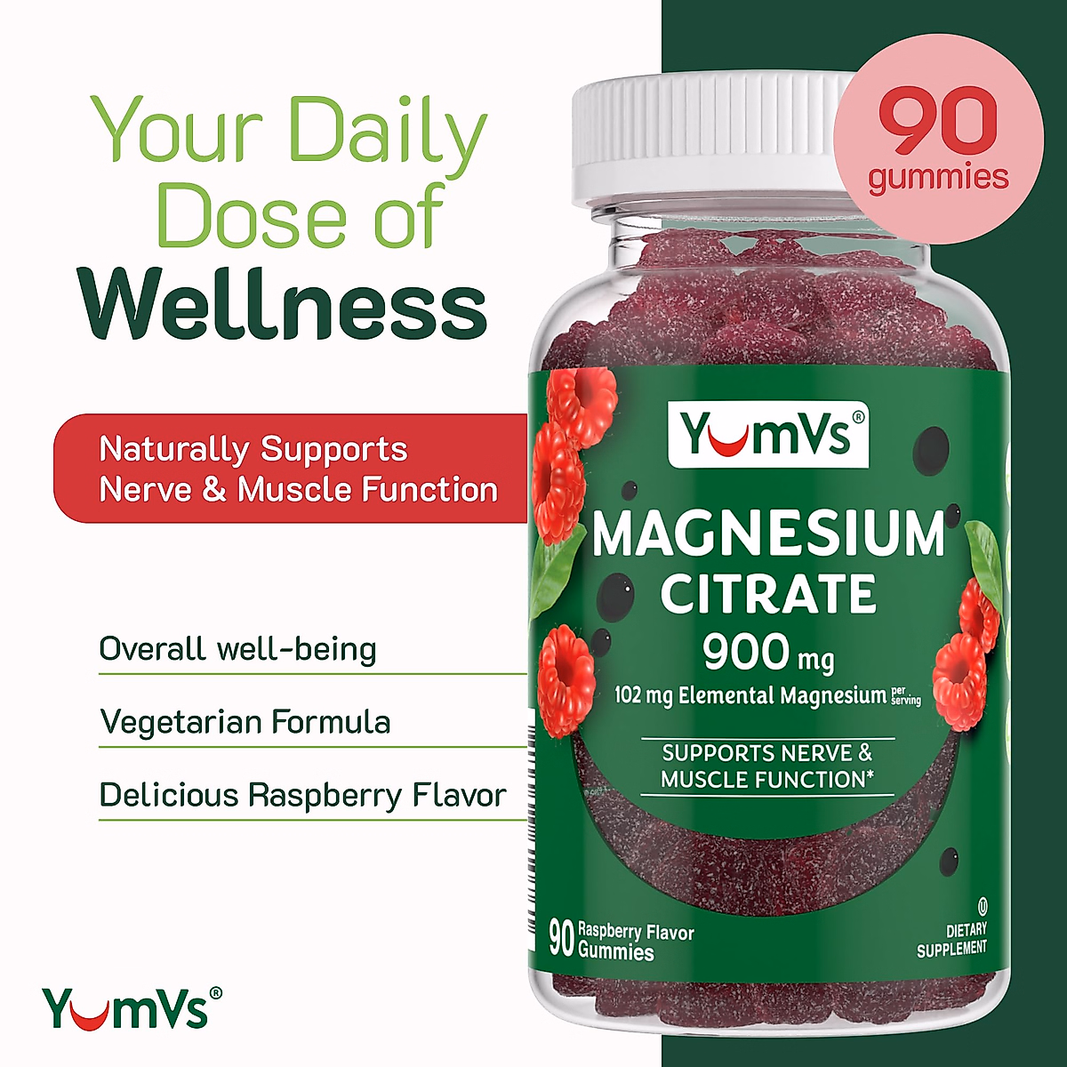 YUM-V'S Magnesium Citrate Gummies - 900mg Magnesium Citrate (102mg of Elemental Magnesium) Highly Absorbable Citrate, Supports Nerve, Enzyme & Muscle Function - 90 Count