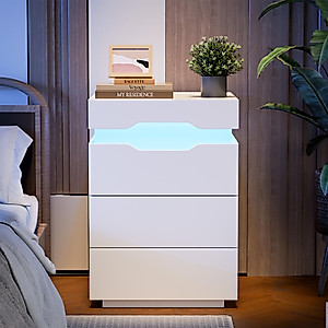 Furniwell LED Nightstand with Charging Station, End Table with 3 Drawers, Night Stand Bedside Table with Sliding Top for Bedroom and Living Room, White