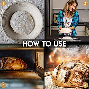 Banneton Bread Proofing Basket By Caesar Bread, 9 Inch Round Sourdough Brotform For Rising Dough Set, Include Cloth Liner, Scraper, Bread Lame, Brush & Recipe Book For Beginners & Professional Bakers