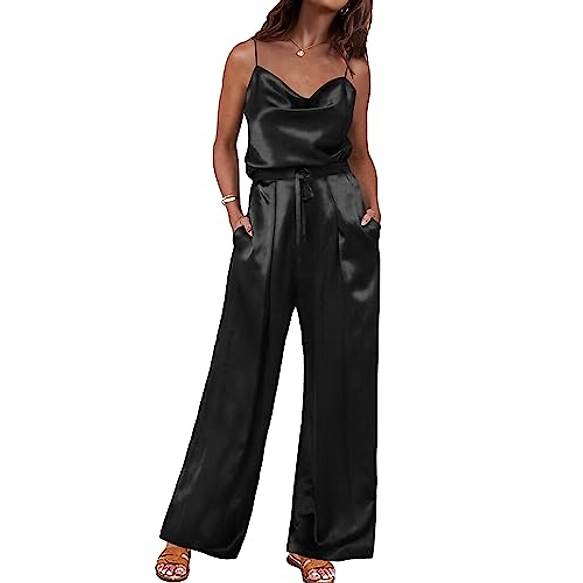 Ekouaer Pjs Women's Summer Silk Pajamas Plus Size Satin Shirt and Long Pants 2 Piece Lounge Tracksuit Outfits Set Black,XX-Large