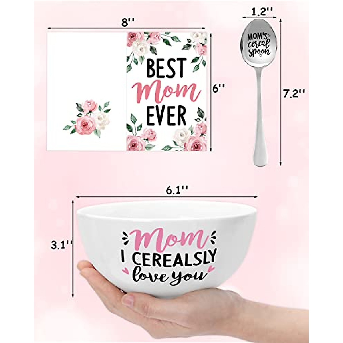 Mom's Cereal Bowl and Spoon Set with Best Mom Ever Greeting Card Christmas Mother's Birthday Engraved Gift Box Basket Idea for Her Cerealsly Love You Mommy Present Set of 3 Thanksgiving New Year