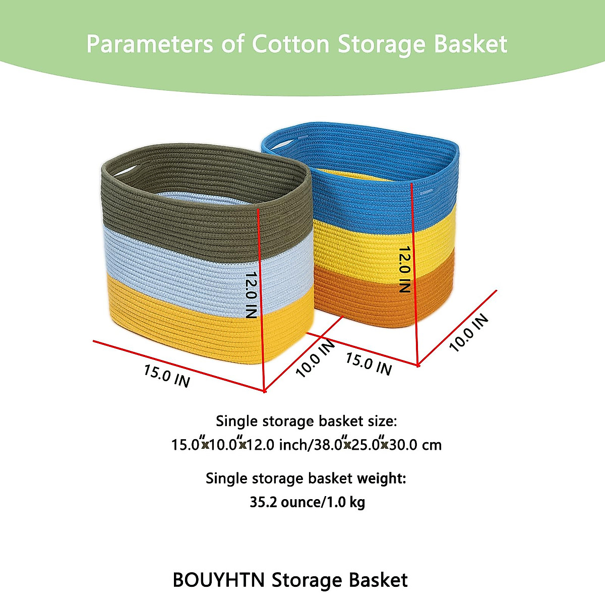 BOUYHTN Cotton Rope Basket-Woven Baskets-Storage Basket for Living Room-Towel Baskets for Bathroom-Baby Organizing Baskets-Collapsible Storage Bins-Toy Basket 15"x10"x12" Pack of 2