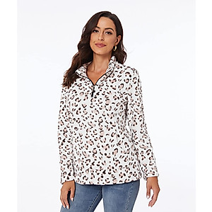 P&A Fashion Women's Long Sleeve Leopard Print Sweatshirt V Neck Quarter Zip Fleece Pullover Tops (XX-Large, White 1)