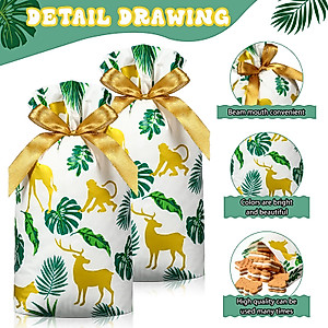 50 Pcs Jungle Animal Treat Bags Green Gold Safari Animal Palm Leaves PE Plastic Candy Goodie Bags Safari Party Favor Bags with Gold Drawstring Ribbons for Wild Jungle Baby Shower Birthday Party Favors
