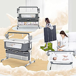 SteAnny Baby Bassinet Electric Rocking Baby Bed, Newborn Cribs with Remote, Infant Bedside Bed(Khaki/White)