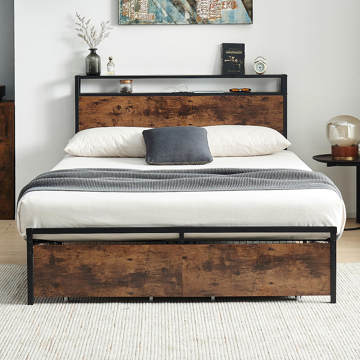 Virabit Bed Frame Full Size with Drawers, Full Platform Bed Frame with Headboard and Power Outlets, No Box Spring Needed, Easy Assemble(Brown).