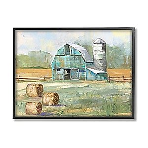Stupell Industries Contemporary Blue Farm Barn Hay Bails Empty Field, Designed by Sally Swatland Black Framed Wall Art, 30 x 24, Green