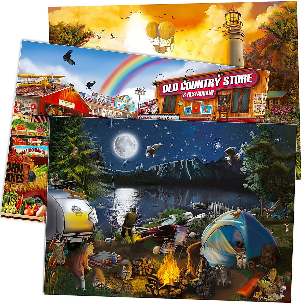 QUOKKA Puzzles for Adults 1000 Pieces and Up - 3 Pack of 1000 Piece Puzzles for Kids Ages 8-10-12 - Enjoy Market, Lighthouse and Camping Designs for Women and Men