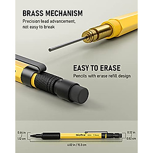 Nicpro 3 PCS 1.3 mm Mechanical Pencils Set with 36 Lead Refill, 3 Eraser - Weatherproof Metal Barrel, Heavy Duty Carpenter Pencil for Outdoor Marking Drafting Drawing Sketching Woodworking - with Case