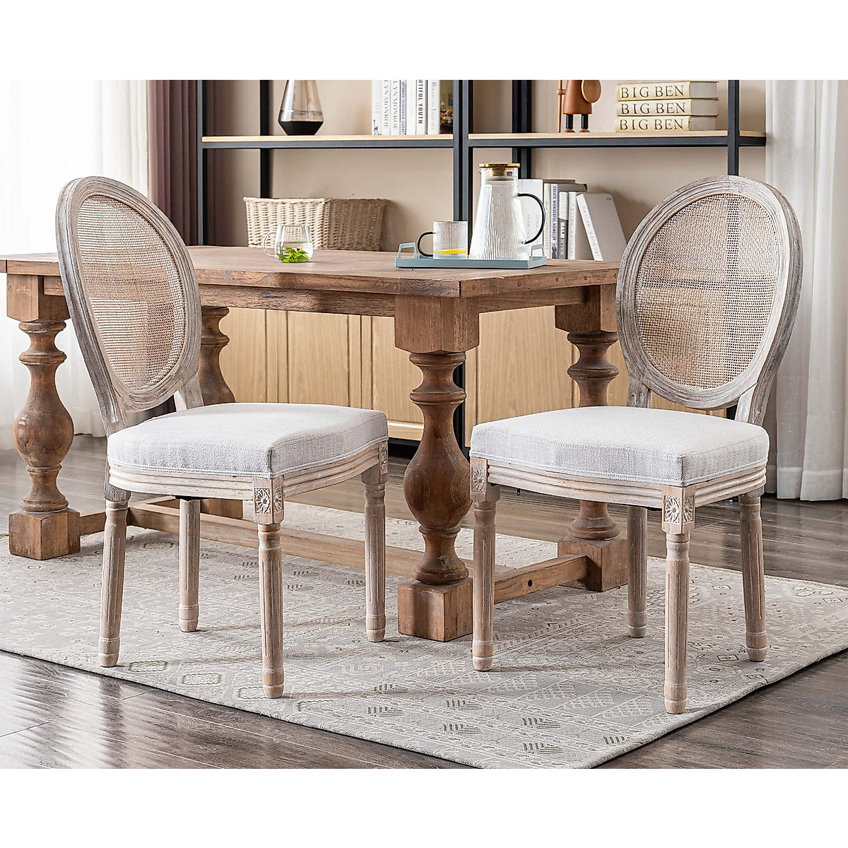 Kmax Farmhouse Dining Room Chairs, Fabric French Distressed Bedroom Chairs with Round Rattan Back, Elegant Tufted Kitchen Chairs, Set of 4, Beige