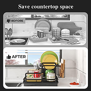 Famhap Dish Drying Rack, Large 2 Tier Dish Racks for Kitchen Counter, Durable Stainless Steel Kitchen Drying Rack with a Cutlery Holder, Drying Rack for Dishes, Knives, Spoons, and Forks