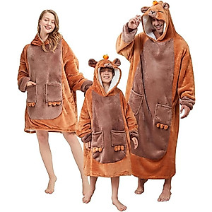 BRAFFWNE Oversized Wearable Blanket Hoodie, Long Sherpa Fleece Hooded Blanket for Adult Women Men and Children (Capybara, Adult)