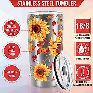 Whaline Fall Watercolor Sunflower Tumbler Stainless Steel Wine Tumbler with Straw and Cleaning Brush Autumn Thanksgiving Coffee Mug Cup for Women Girlfriend Besties Wife Lover Spouse Squash Gifts,1Pcs