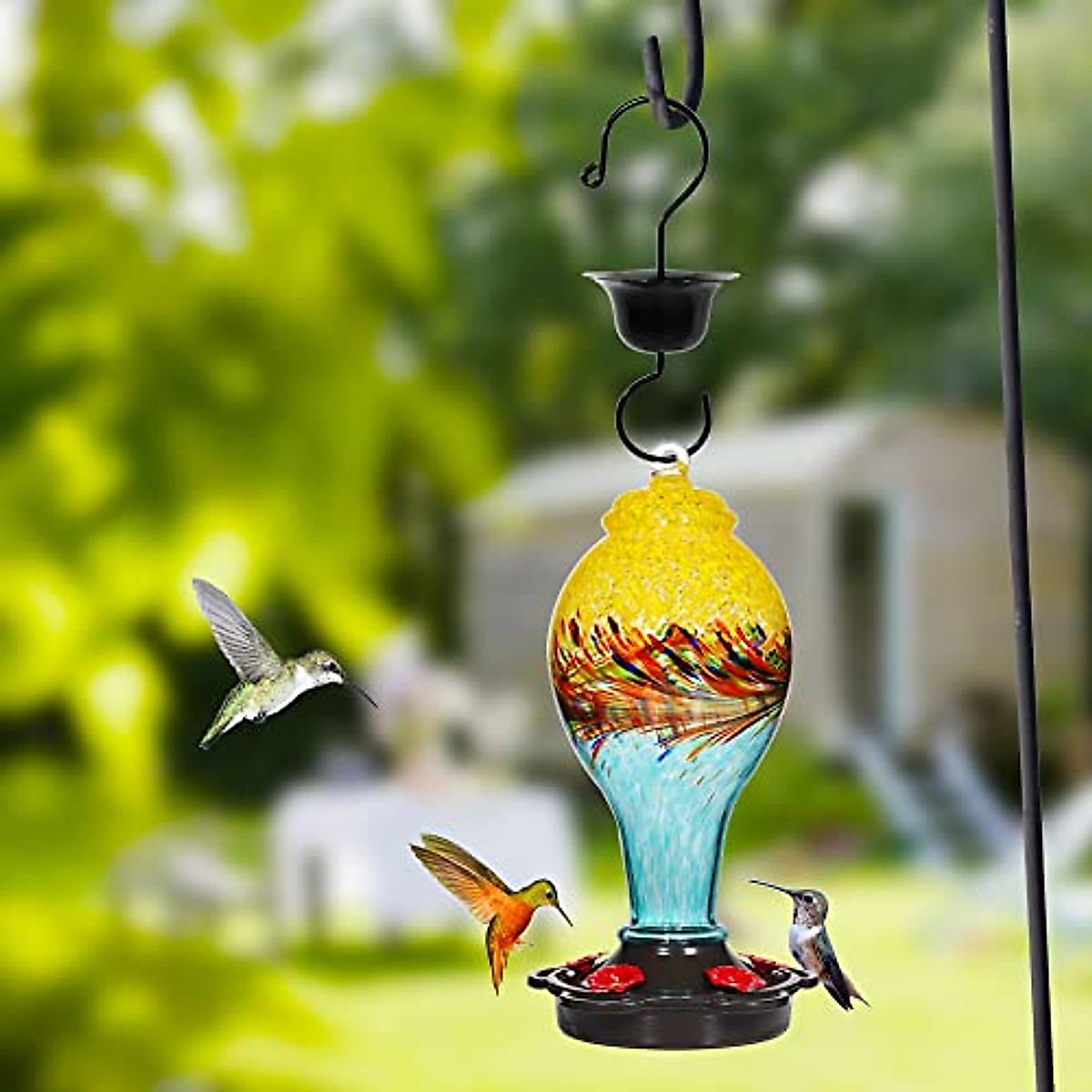 LUJII Hand Blown Glass Hummingbird Feeder for Outdoors with Ant Moat, Leak Proof & Rustproof , 25oz, Metal Base Cover with 5 Feeding Ports & Perches, Glass Art for Garden Decor (Blue Mixed Yellow)