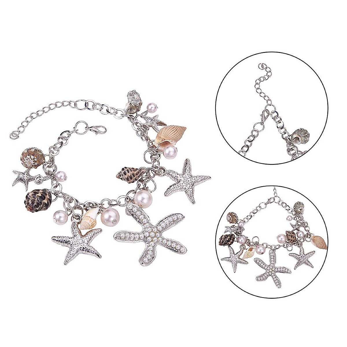 PH PandaHall Starfish Shell Anklet Bracelets, 7" Mermaid Bracelets Conch Starfish Faux Pearl Anklet Bracelet Charm Women Bohemian Adjustable Shell Bracelet Mermaid Costume Jewelry for Women, Silver