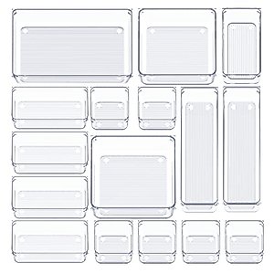 16 PCS Drawer Organizer Set Clear Plastic Drawer Organizer Trays with Non-Slip Silicone Pads, 5-Size Desk Drawer Organizers and Storage Bins for Makeup, Jewelry, Bathroom, Office and Kitchen