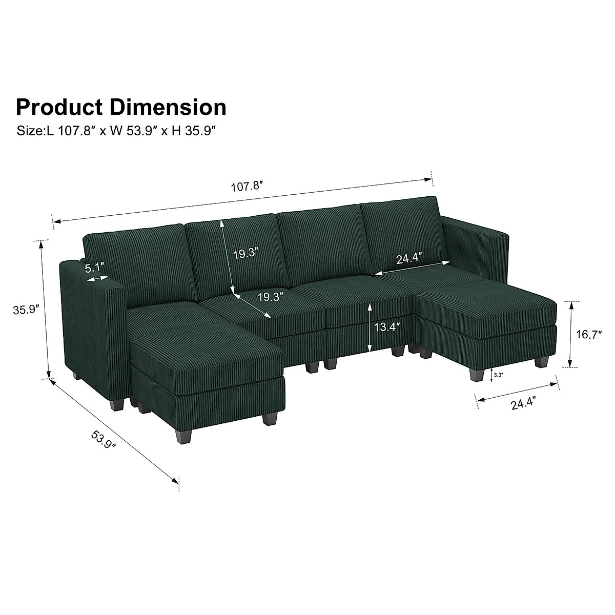 Belffin Modular U Shape Couch with Storage Ottoman Corduroy Sectional Couch with Chaise Convertible Modern Sectional Sofa Couch Dark Green