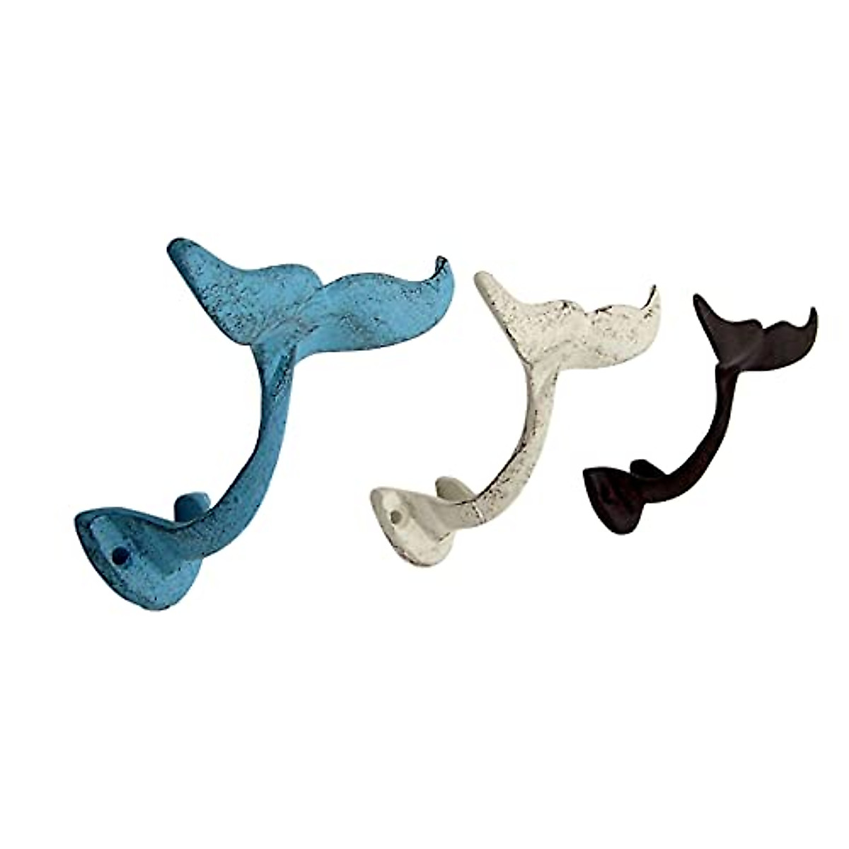 Cast Iron Whale Tail Wall Hooks, Assorted Colors, 5 Inches, Set of 3