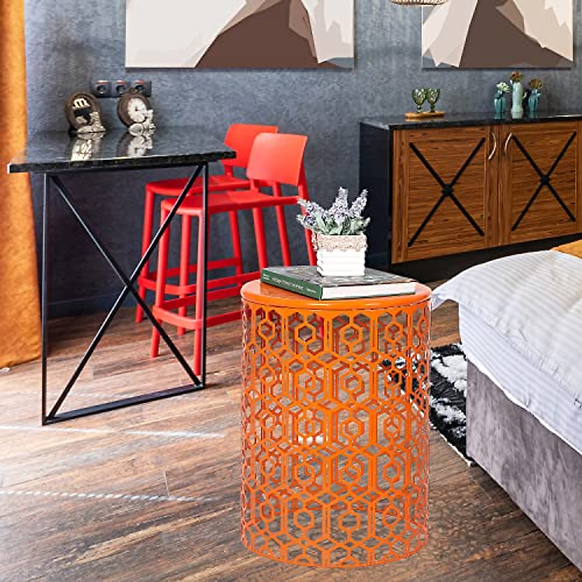 Homebeez Metal Accent Table, Set of 2 Decorative Round End Tables Nightstands, Coffee Side Tables for Indoor Outdoor and More (Orange Red)