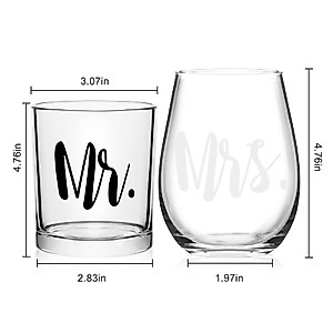 Futtumy Mr & Mrs Whiskey Glass and Stemless Wine Glass Gift Set, Valentine’s Day Gift for Mr Mrs Couple Husband Wife Bride Groom, Unique Glass Set Idea for Valentine’s Day Birthday Christmas Wedding