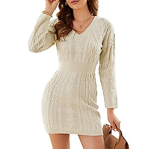 Dokotoo Women White Sweater Dress Long Sleeve V Neck Slim Fit Bodycon Sexy Dress Cable Knit Chunky Warm Winter Pullover Elegant Knitted Fall Jumper Sweaters Large