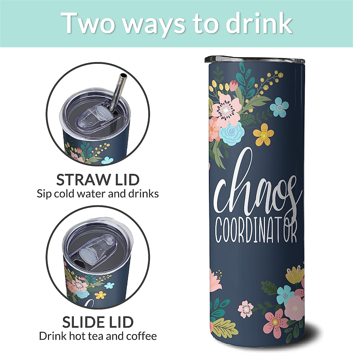 owbgsdh 20 oz Chaos Coordinator Skinny Tumblers with Lid and Straw, Stainless Steel Vacuum Insulated Travel Coffee Mug Cup Water Bottle, Thank You Gifts for Teacher, Women, Mom, Coworker