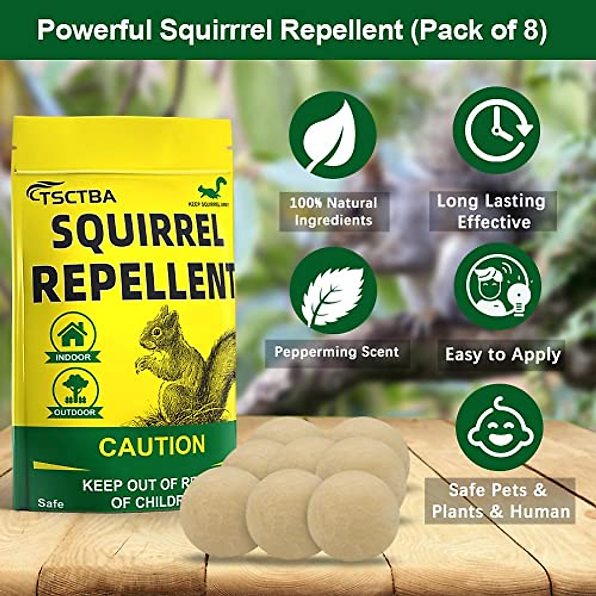 TSCTBA Squirrel Repellent Outdoor, Rodent Repellent, Chipmunk Repellent, Natural Squirrel Repellent for Bird Feeders/Garden/Attic/Cars/Shed, Ultra Powerful and Only for Outdoors - 8 Packs