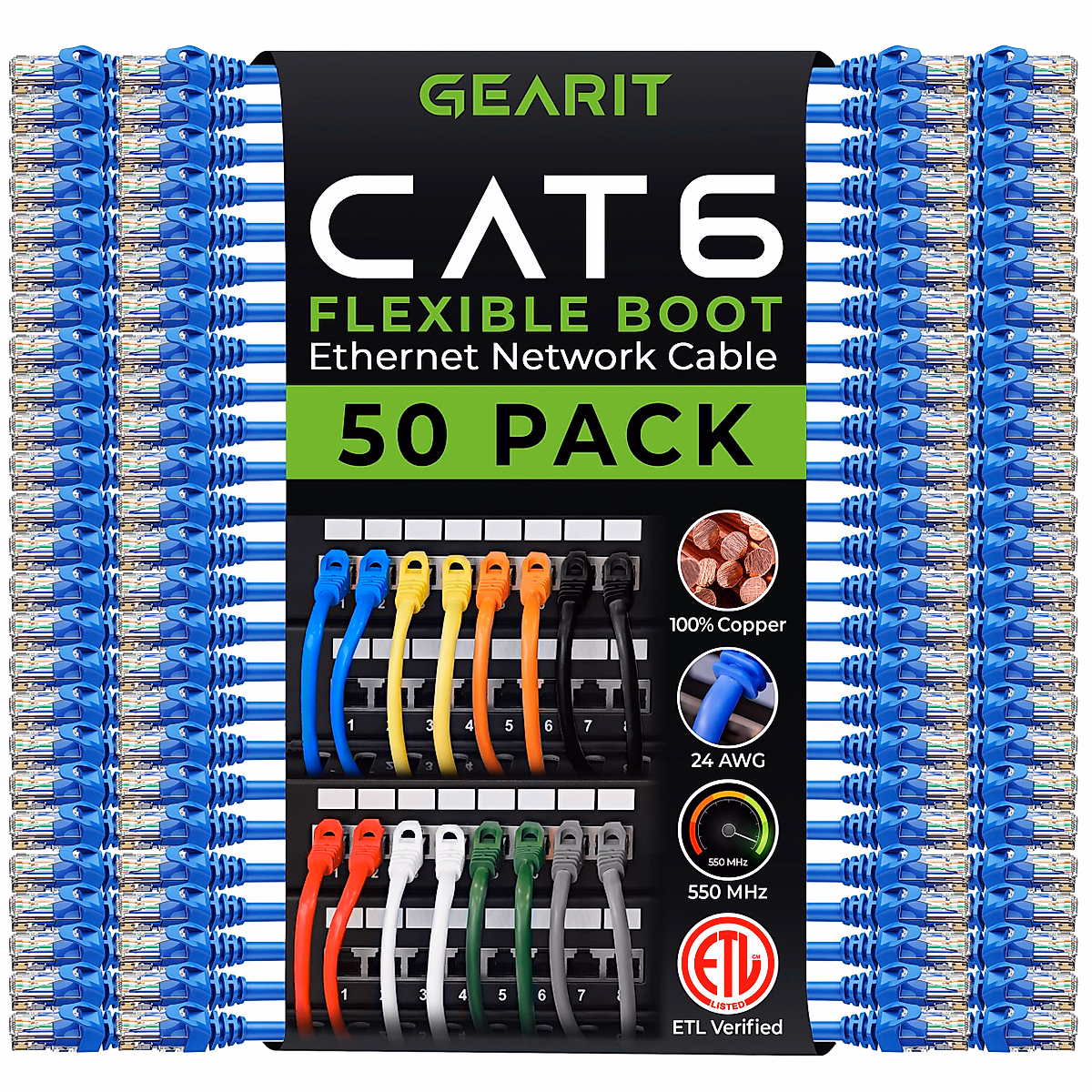 GearIT 50-Pack Cat6 Patch Cable 0.5 Foot / 6 Inches Cat 6 Ethernet Cable Snagless Flexible Soft Tab - Preimum Series - Blue