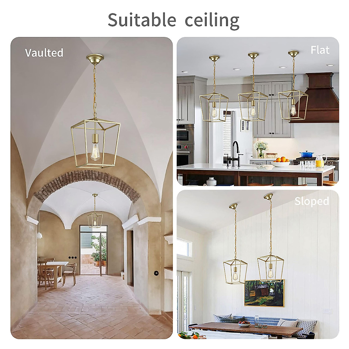 ANJIADENGSHI Lantern Pendant Light Lantern Iron Cage 1 E26 Bulbs Gold Chandelier for Dining Room Kitchen(Bulbs Not Included)