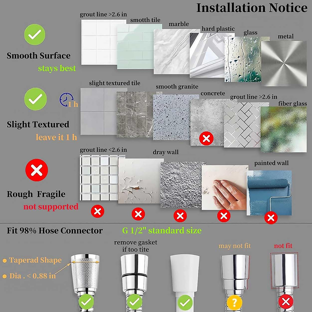 Adjustable Suction Cup Shower Head, Wall Mount Holder for Handheld Wand, Removable Handheld Showerhead