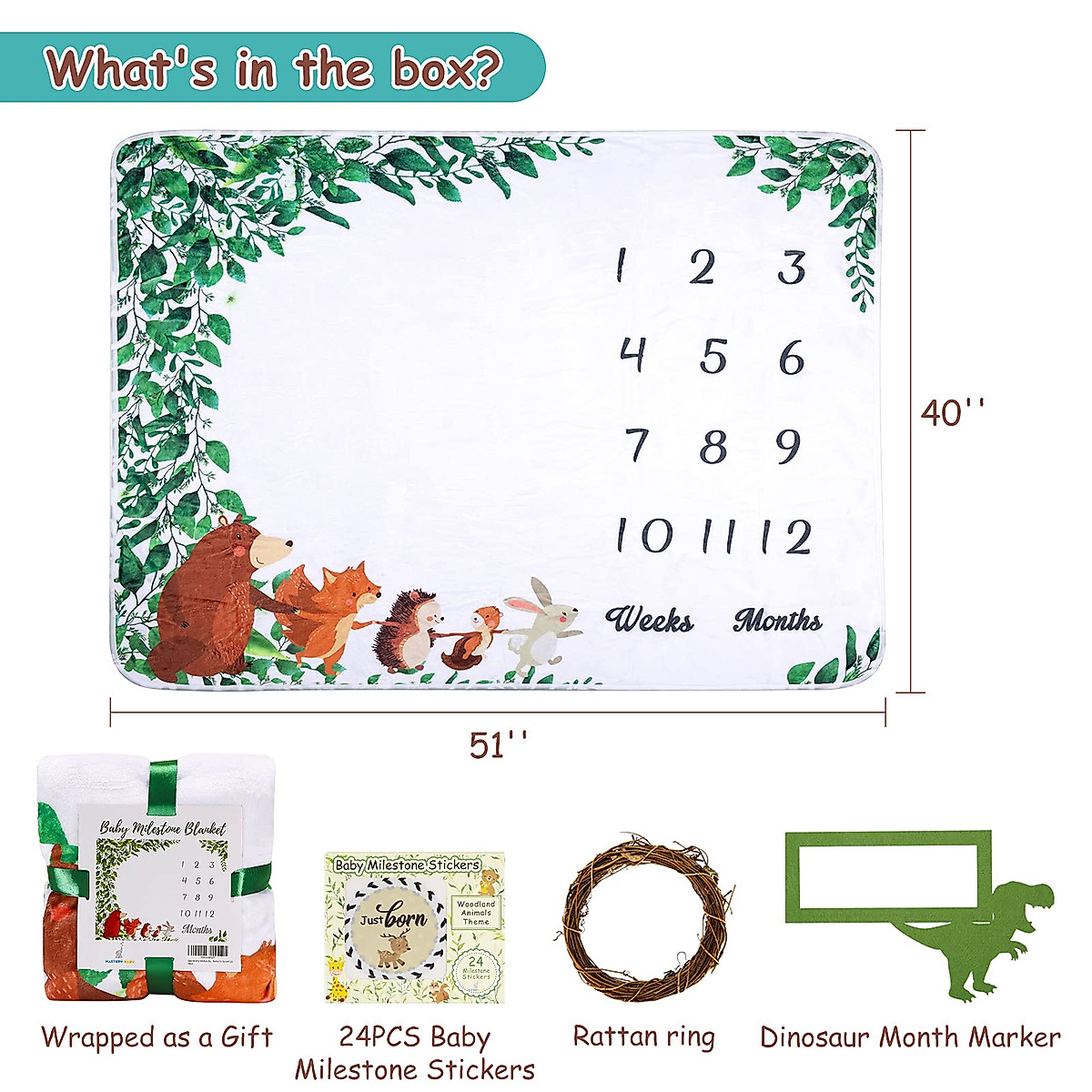 Baby Monthly Milestone Blanket, Unisex Woodland Monthly Blanket and Milestone Stickers for Newborn Baby Shower, Unisex Baby Growth Chart Monthly Blanket for Boy and Girl,