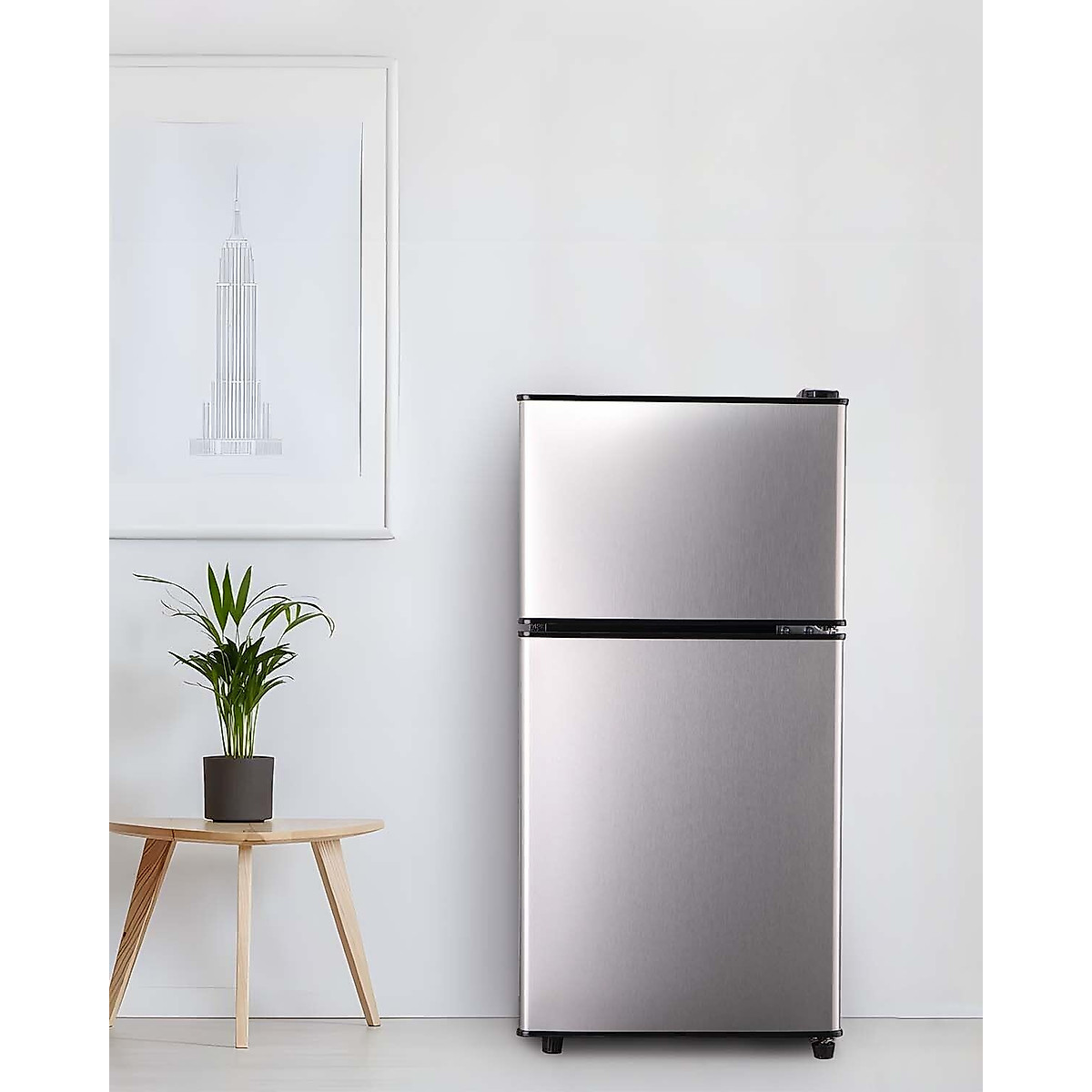 Kazigak 3.5 Cu.Ft Mini Fridge with Freezer, Double Door, Small Refrigerator,7-Level Adjustable Thermostat, Quiet Mini Fridge for Bedroom, Office, Dorm, Apartment, Silver
