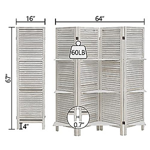 ACEHOME Room Divider with Shelves, 4 Panels Room Dividers and Folding Privacy Screens, 6 Ft Folding Room Screens, Freestanding Portable Wall Divider, Wood Dividers with Display Shelves, White