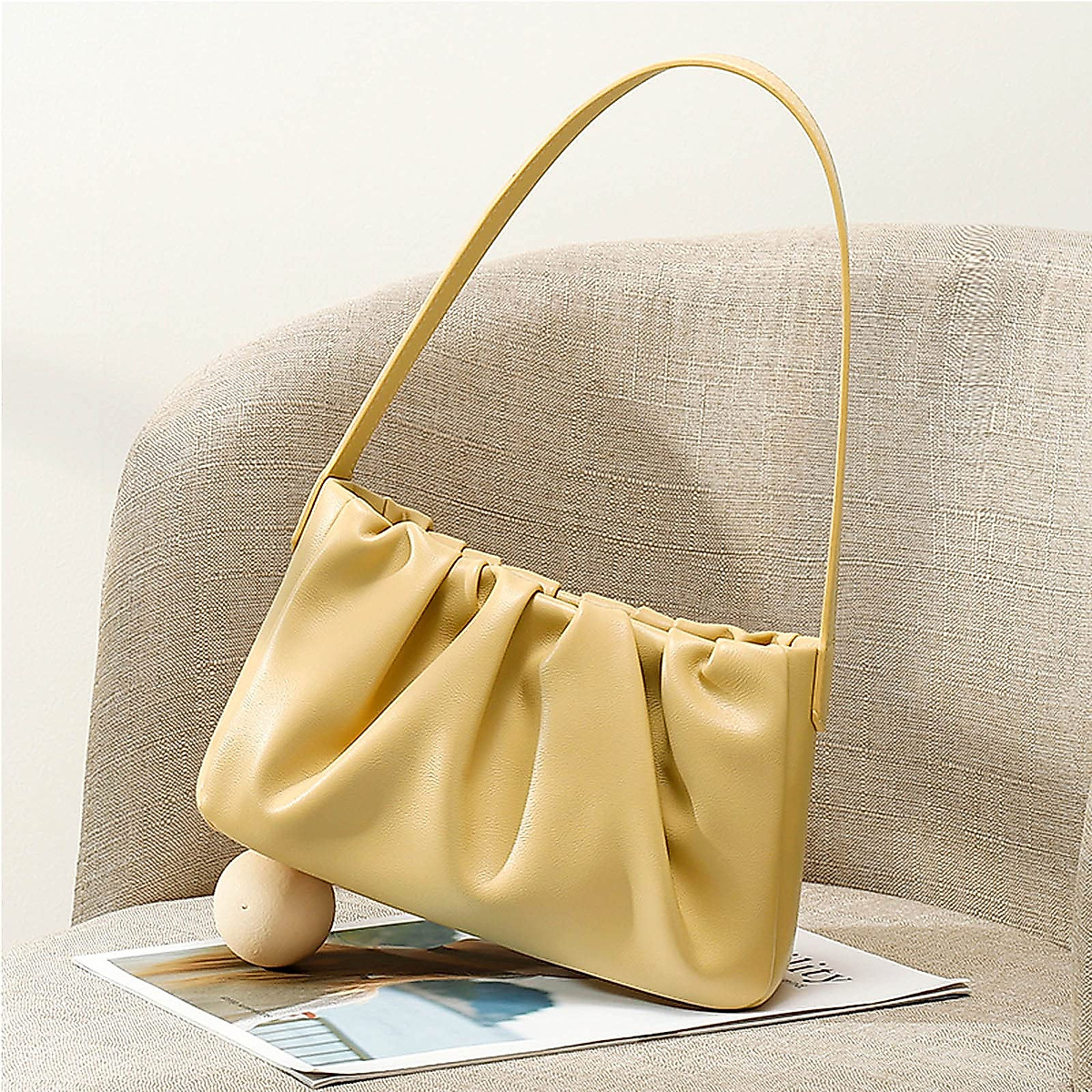 NVKIC Women's Retro Small Shoulder Bag Faux Leather Ruched Purse, Ladies Elegant Designer Mini Hanbags Trendy Crossbody Bags Yellow