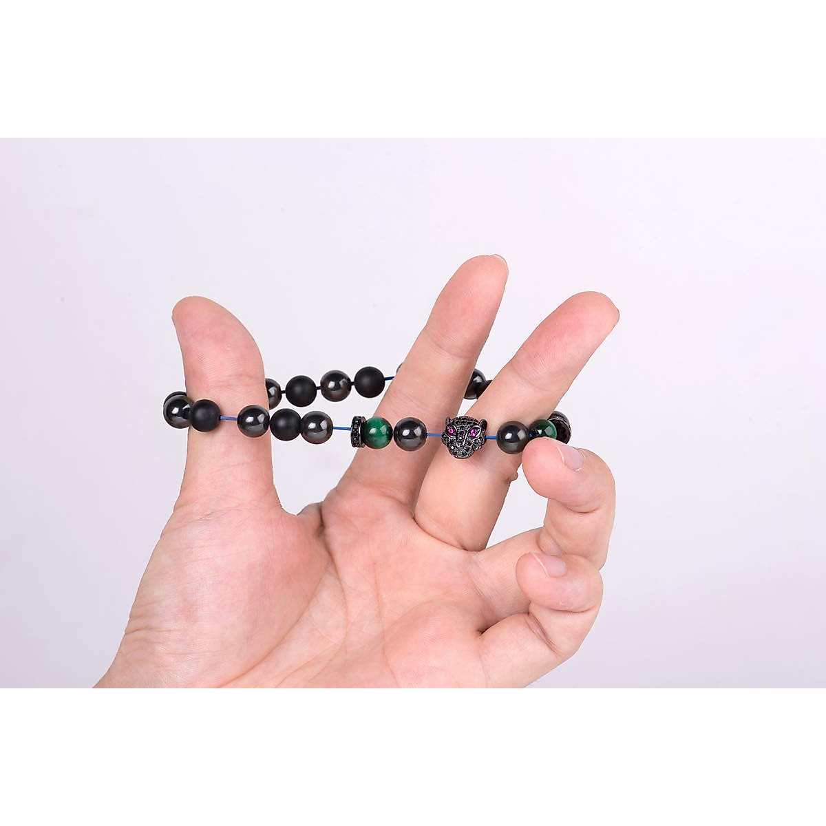 Karseer Black Panther Bracelet, Matte Onyx Natural Crystal and Magnetic Hematite Stone Beaded Elastic Bracelet, Handmade Semi-Precious Stone Jewelry Gift for Men and Women