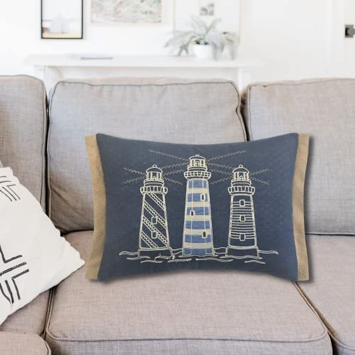 Comfy Hour 13" Polyester Ocean Coastal Three Lighthouses Accent Throw Pillow Cushion for Home Decoration, Blue, Ocean Voyage Collection
